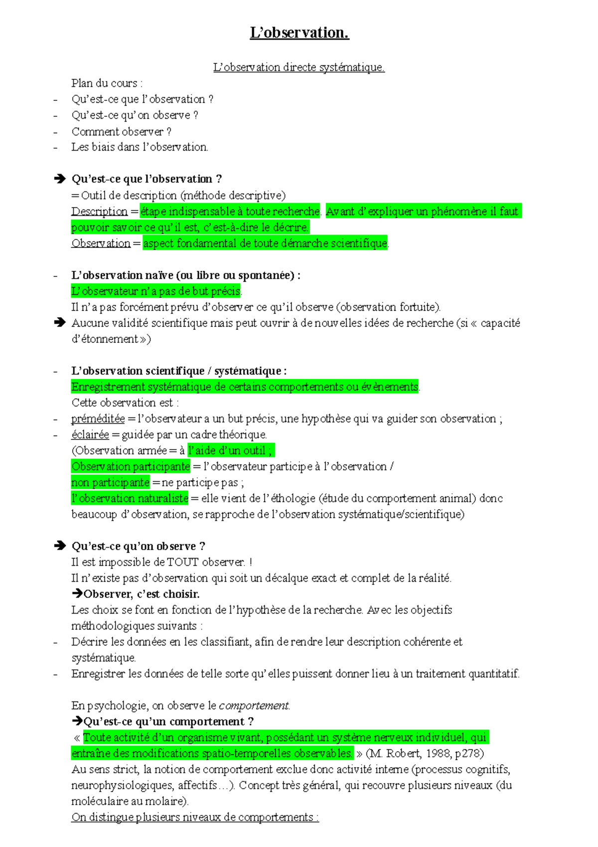 Observation - L’observation. L’observation directe systématique. Plan ...