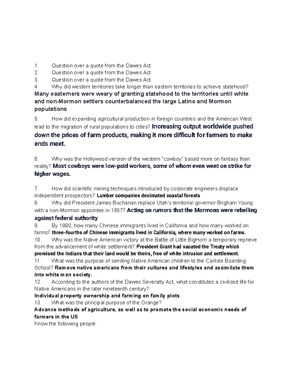 Chapter 19-20 Review - 1. Question over a quote from the Dawes Act 2 ...