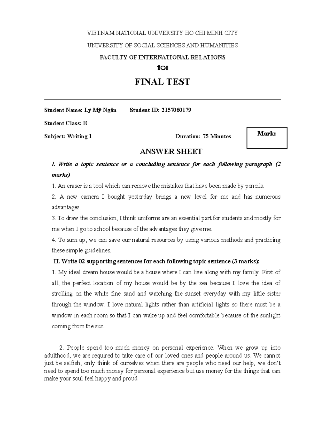 Final TEST - Writing 1 - No description - VIETNAM NATIONAL UNIVERSITY ...
