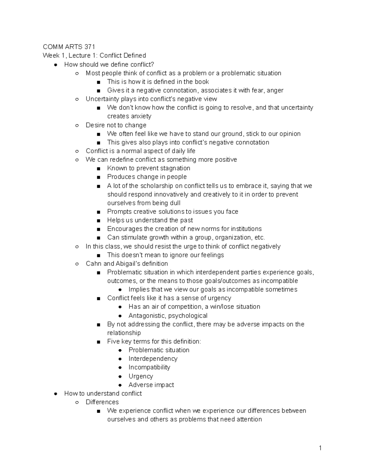 Lecture 1 - COMM ARTS 371 Week 1, Lecture 1: Conflict Defined How ...