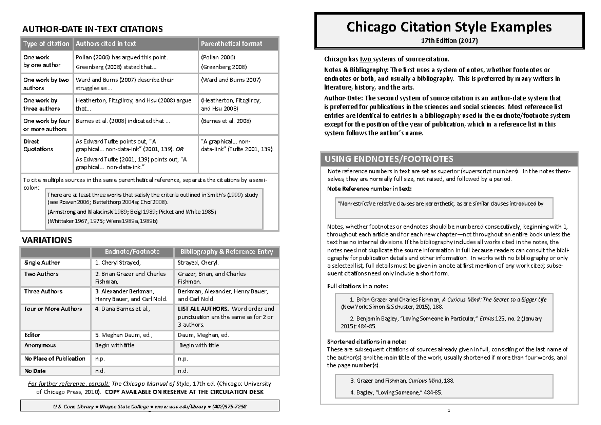Chicago Citation Style Examples 17th Edition U Conn Library Wayne