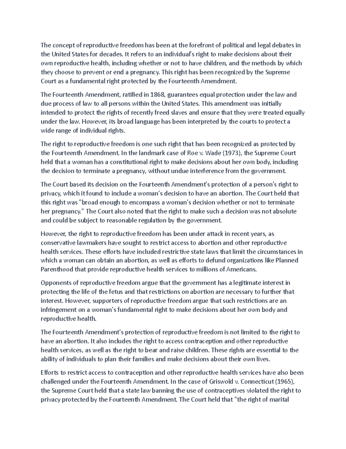 Reproductive Freedom and the Fourteenth Amendment - The concept of ...