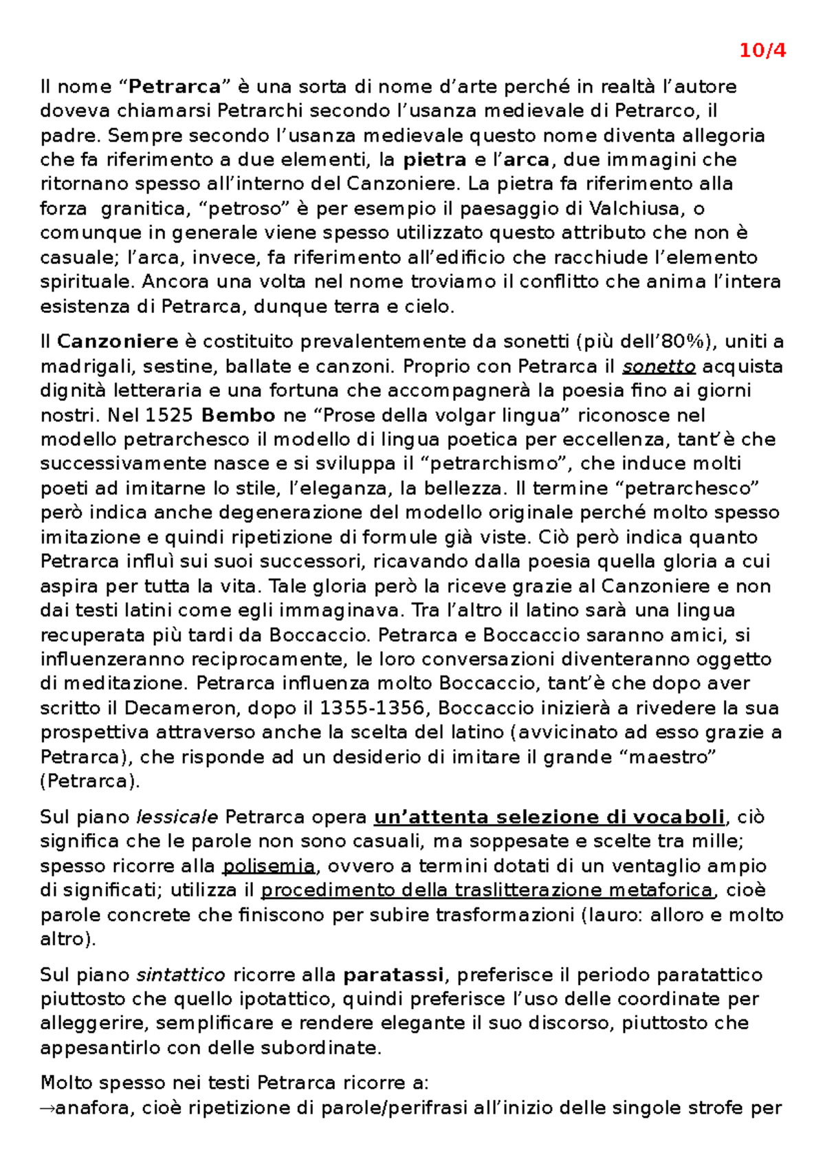 Letteratura italiana IIparte - 10/ Il nome “Petrarca” è una sorta di ...