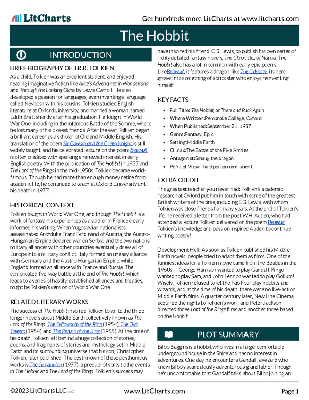 The-Hobbit-Lit Chart - Study notes - The Hobbit BRIEF BIOGRAPHY OF J.R ...