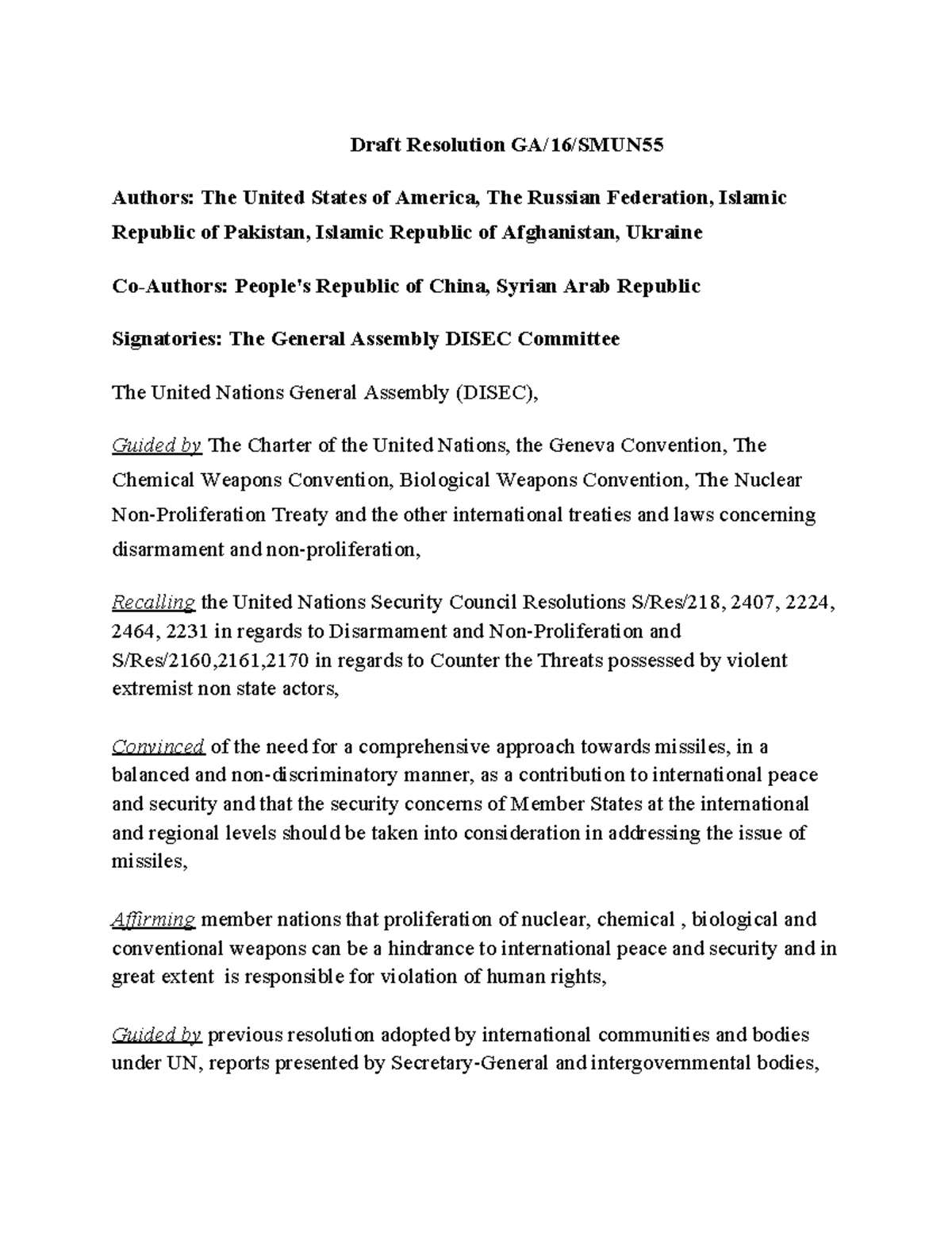Draft Resolutions A Res 2020 17 - Draft Resolution GA/16/SMUN Authors ...