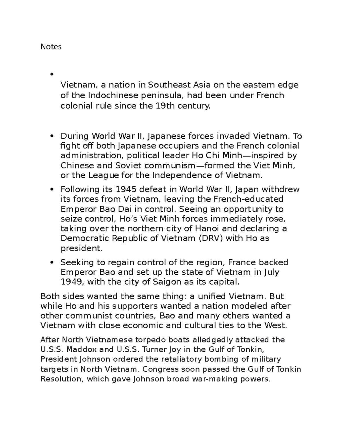 notes U.S History - Notes Vietnam, a nation in Southeast Asia on the ...