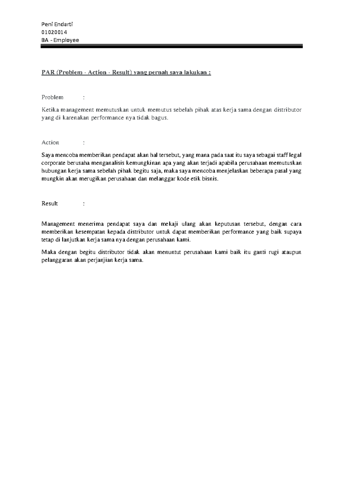 PAR - Metode and Example for PAR - Peni Endarti 01020014 BA - Employee ...
