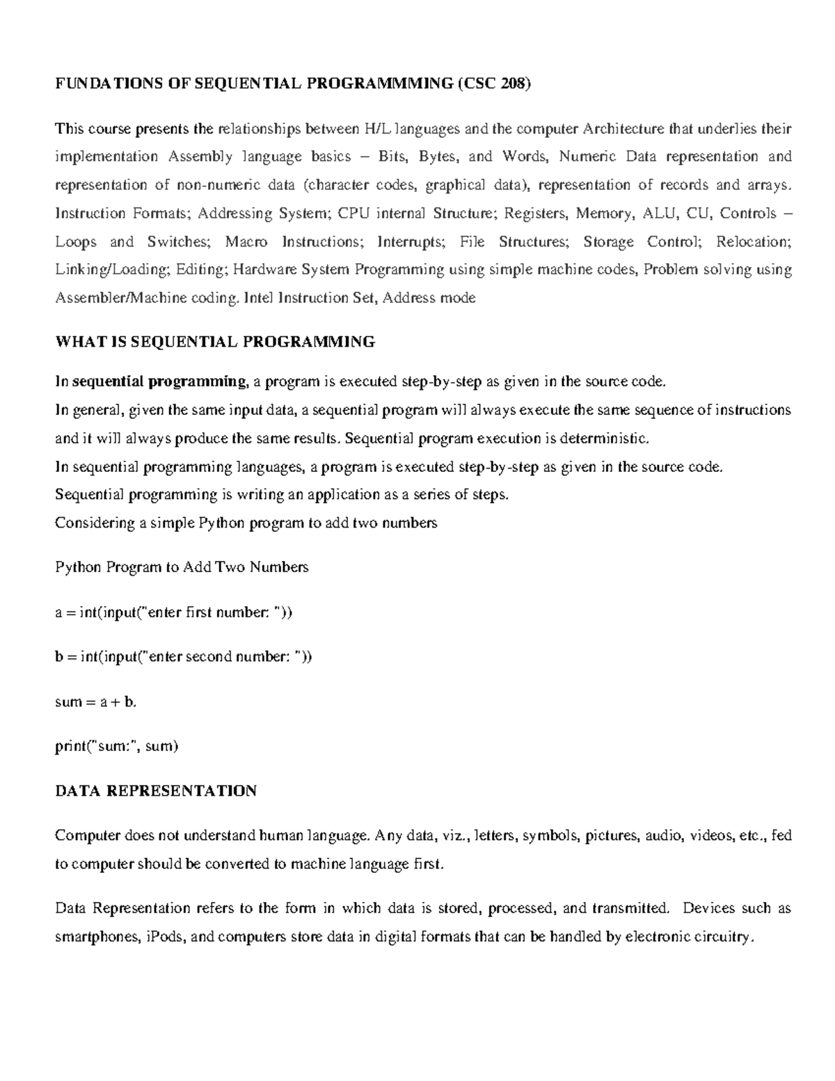 Fundations Of Sequential Programming Csc 208 Material Fundations Of Sequential Programmming