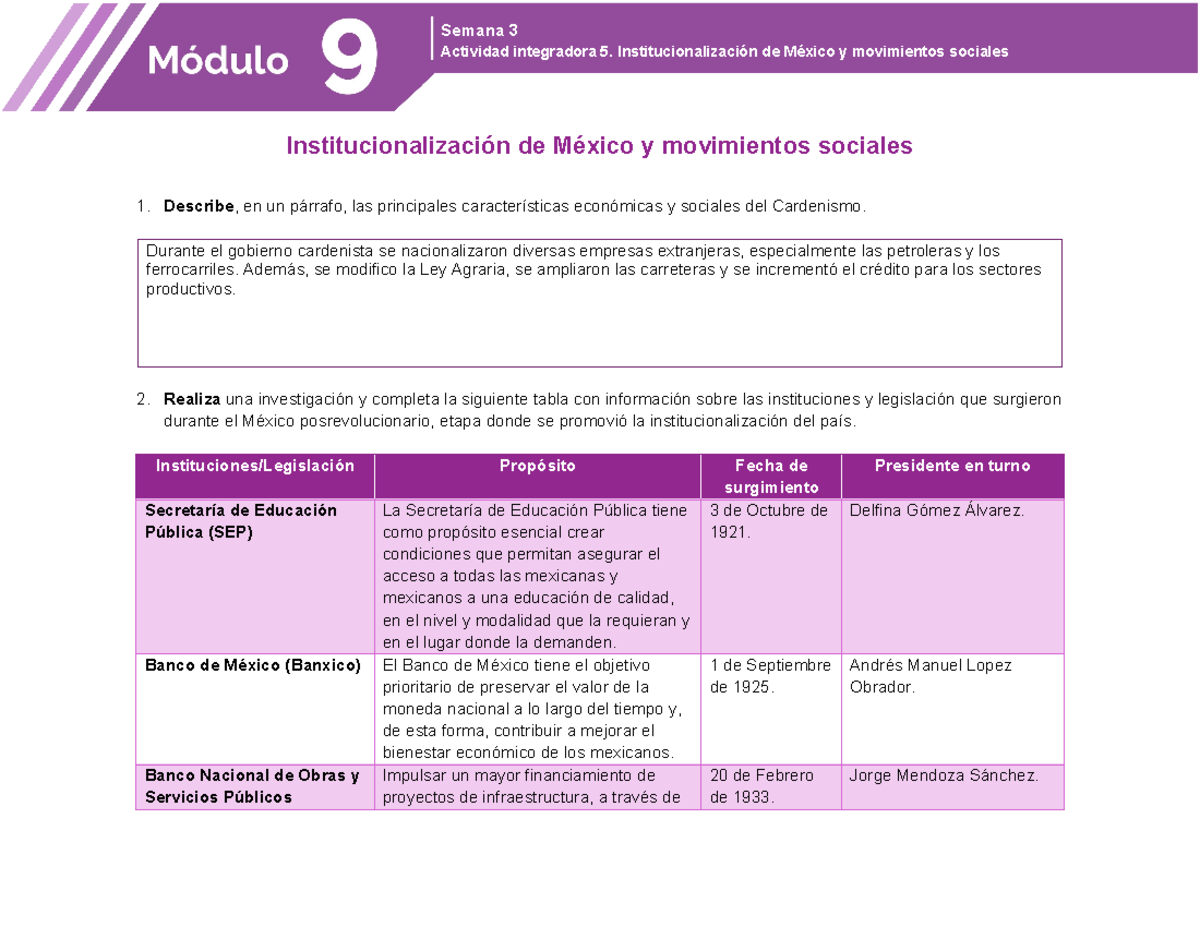 ACTIVIDAD INTEGRADORA 5 MODULO 9 - Actividad integradora 5. Institucionalización de México y ...