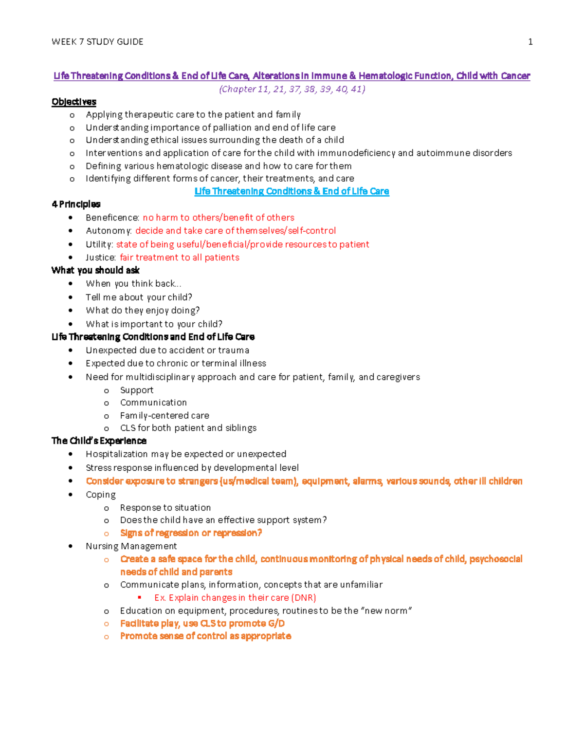 Week 7 Study Guide - Life Threatening Conditions & End of Life Care ...