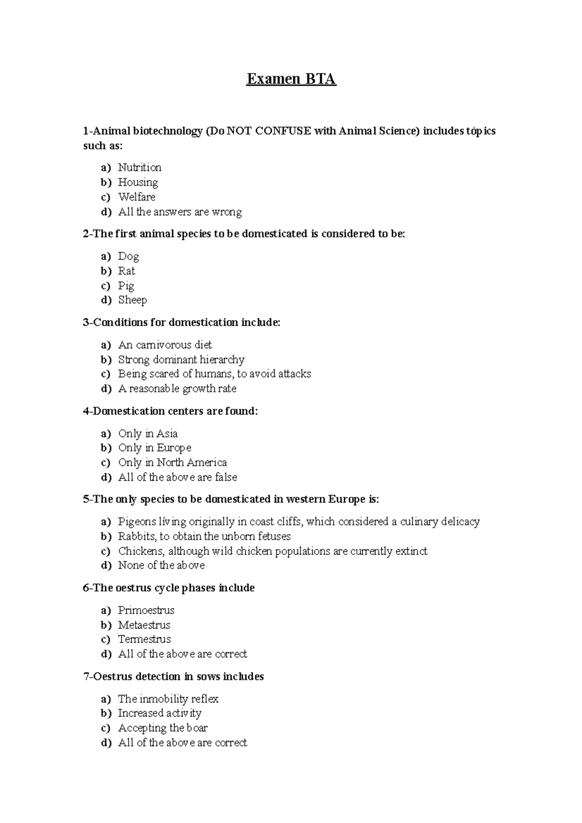 Examen BTA - Examen BTA 1-Animal biotechnology (Do NOT CONFUSE with ...