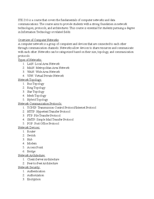 ITE 210 Topology Notes - Intro to Topologies In networking, a topology ...