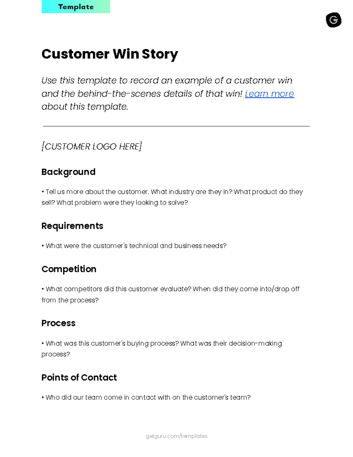 Template Customer Win Story - Customer Win Story Use this template to ...