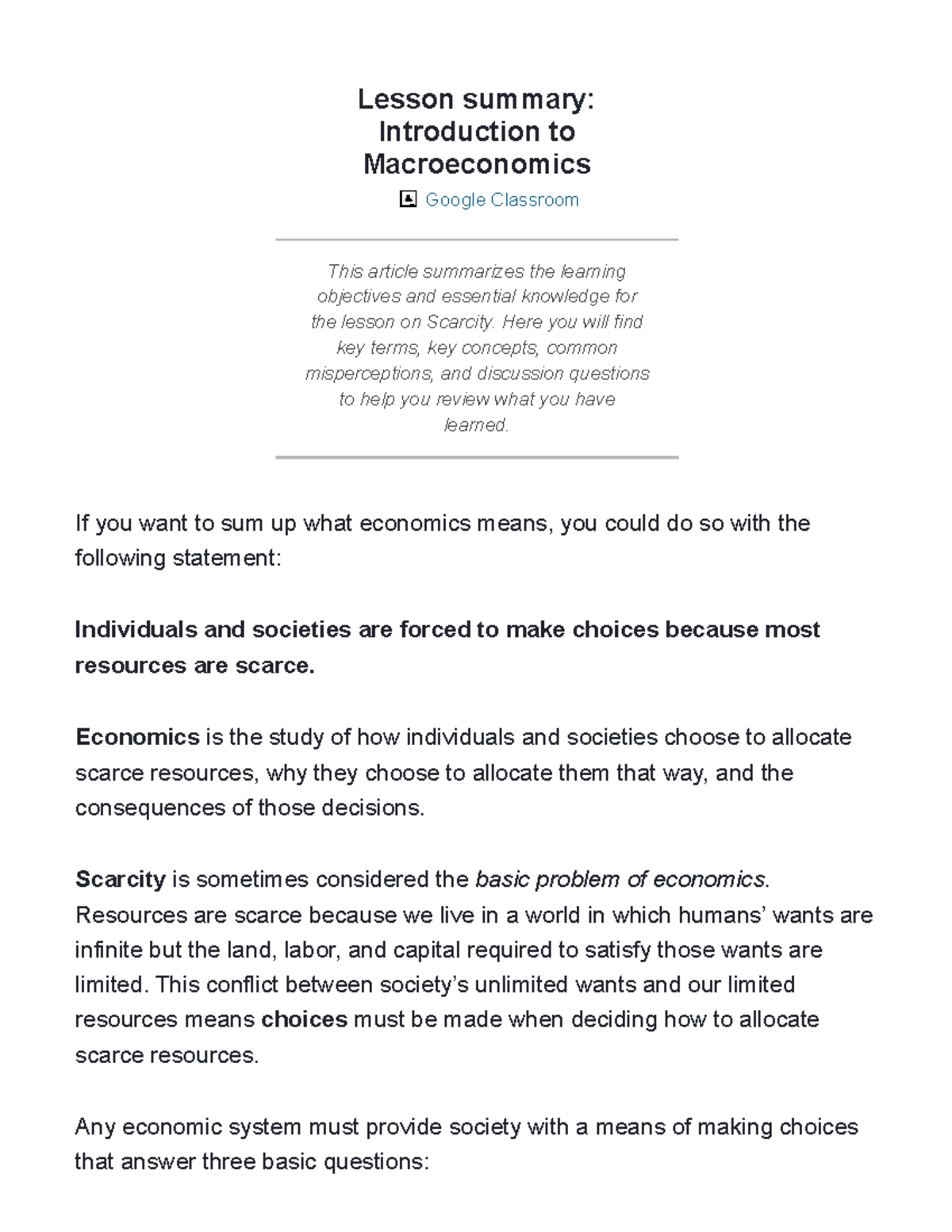 Macroeconomics-1 - This is chapter 1 of Economics - If you want to sum ...
