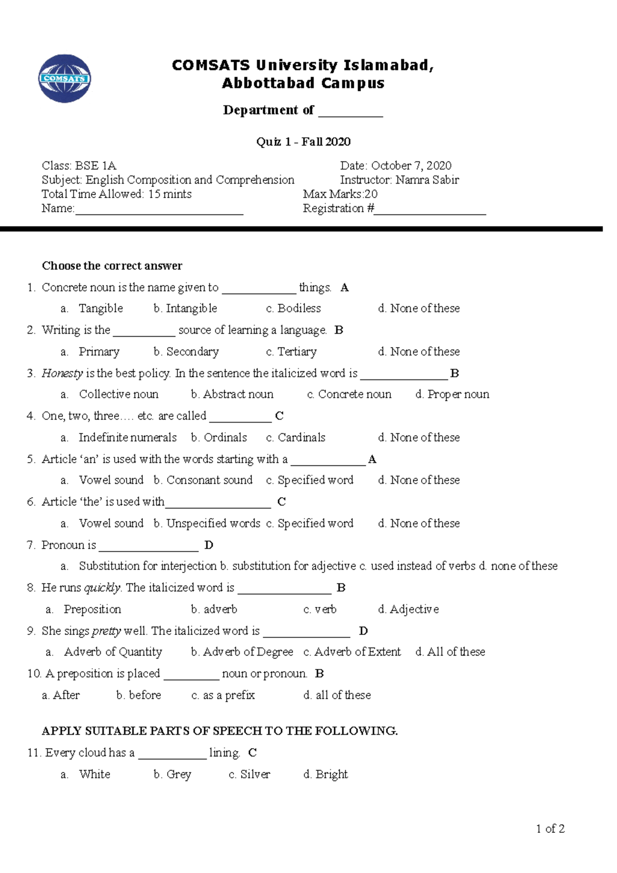 English quiz 1 - fill in the blanks quiz 1 - COMSATS University ...