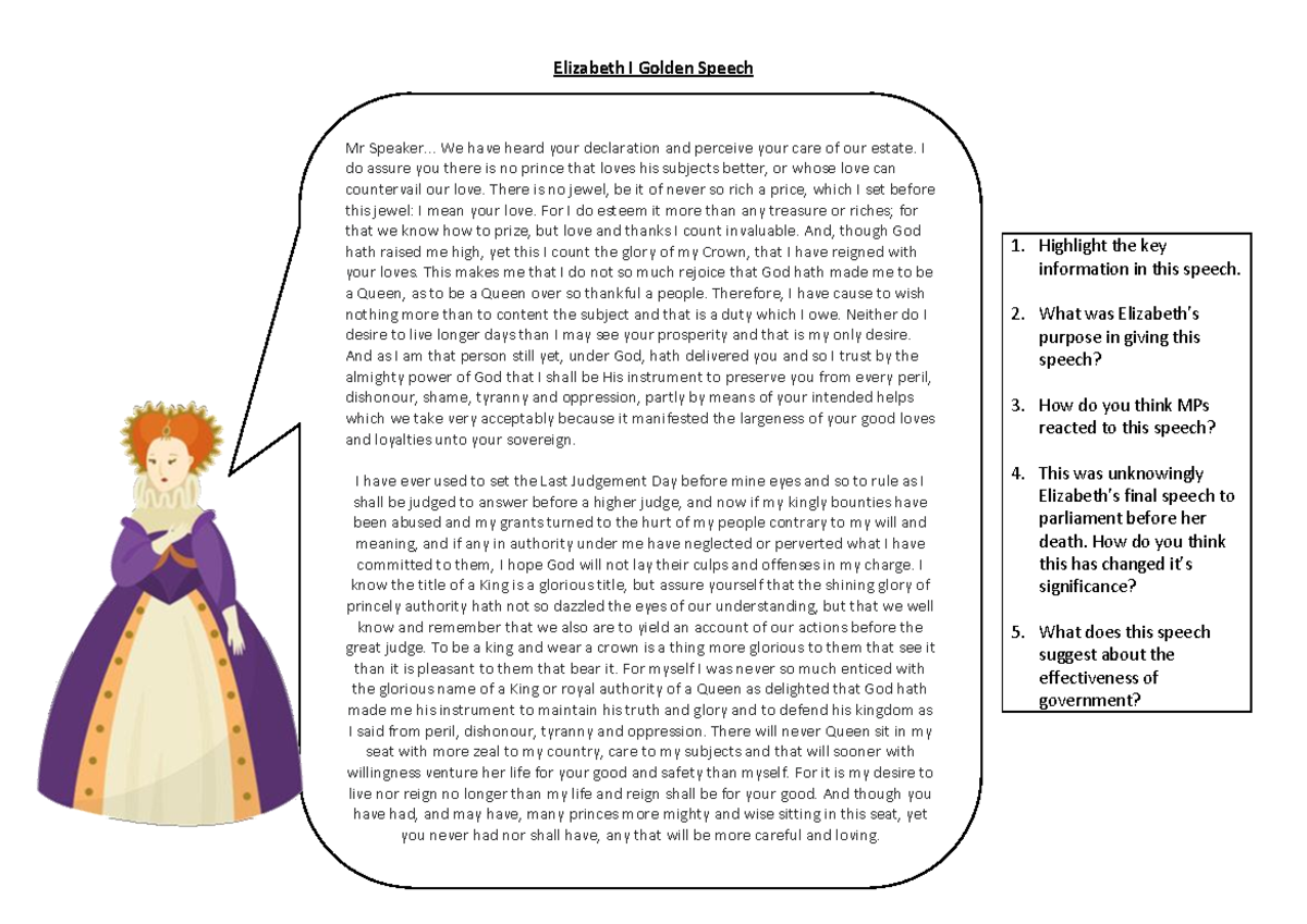Elizabeth I Golden Speech - Highlight the key information in this ...