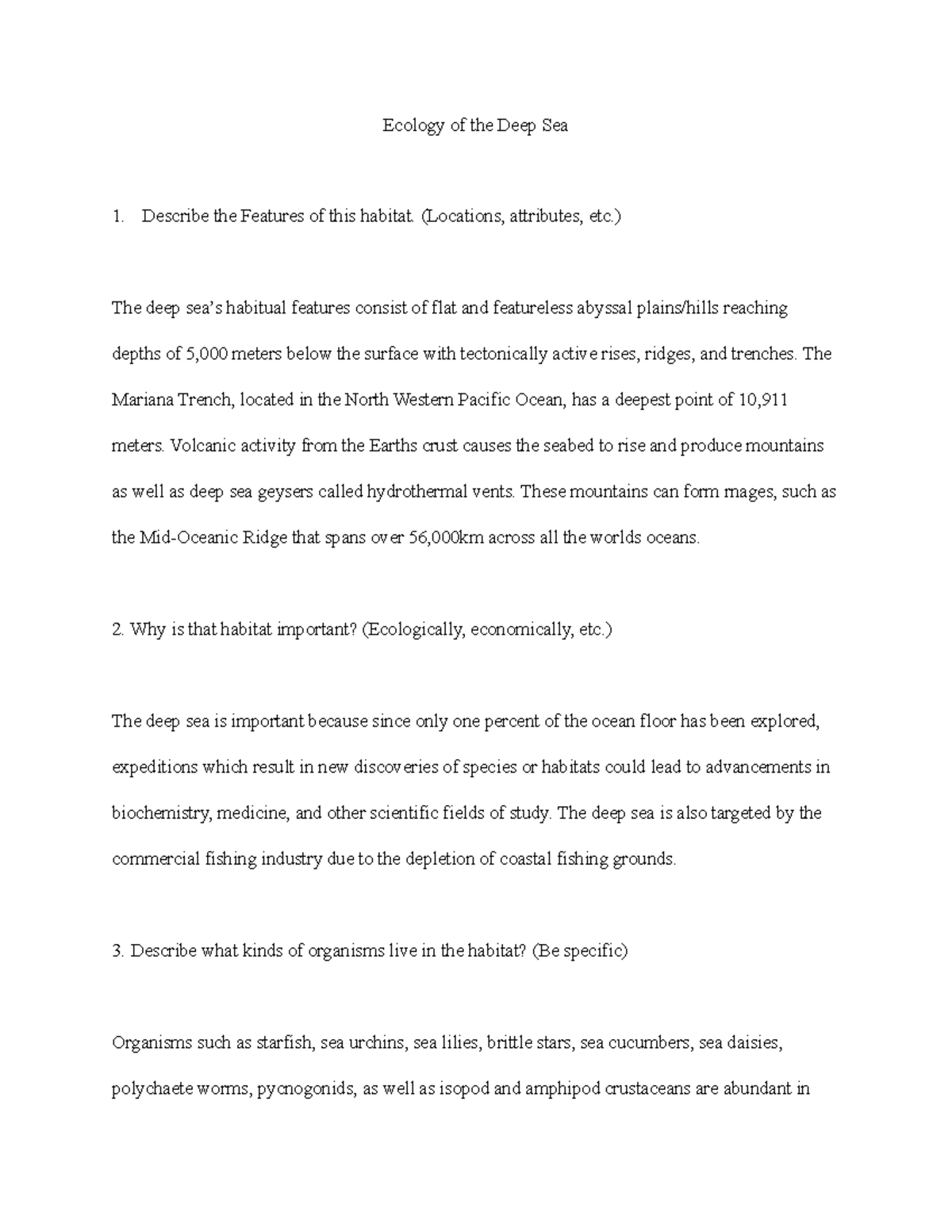 Deep Sea Ecology and Habitat Homework - Ecology of the Deep Sea ...