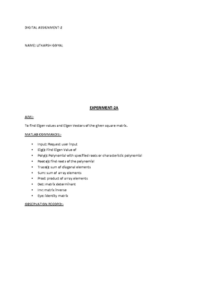 DELA LAB 5 Answers - Algebra Lab Work - MATLAB Digital Assignment Utkarsh Goyal Experiment 5A ...
