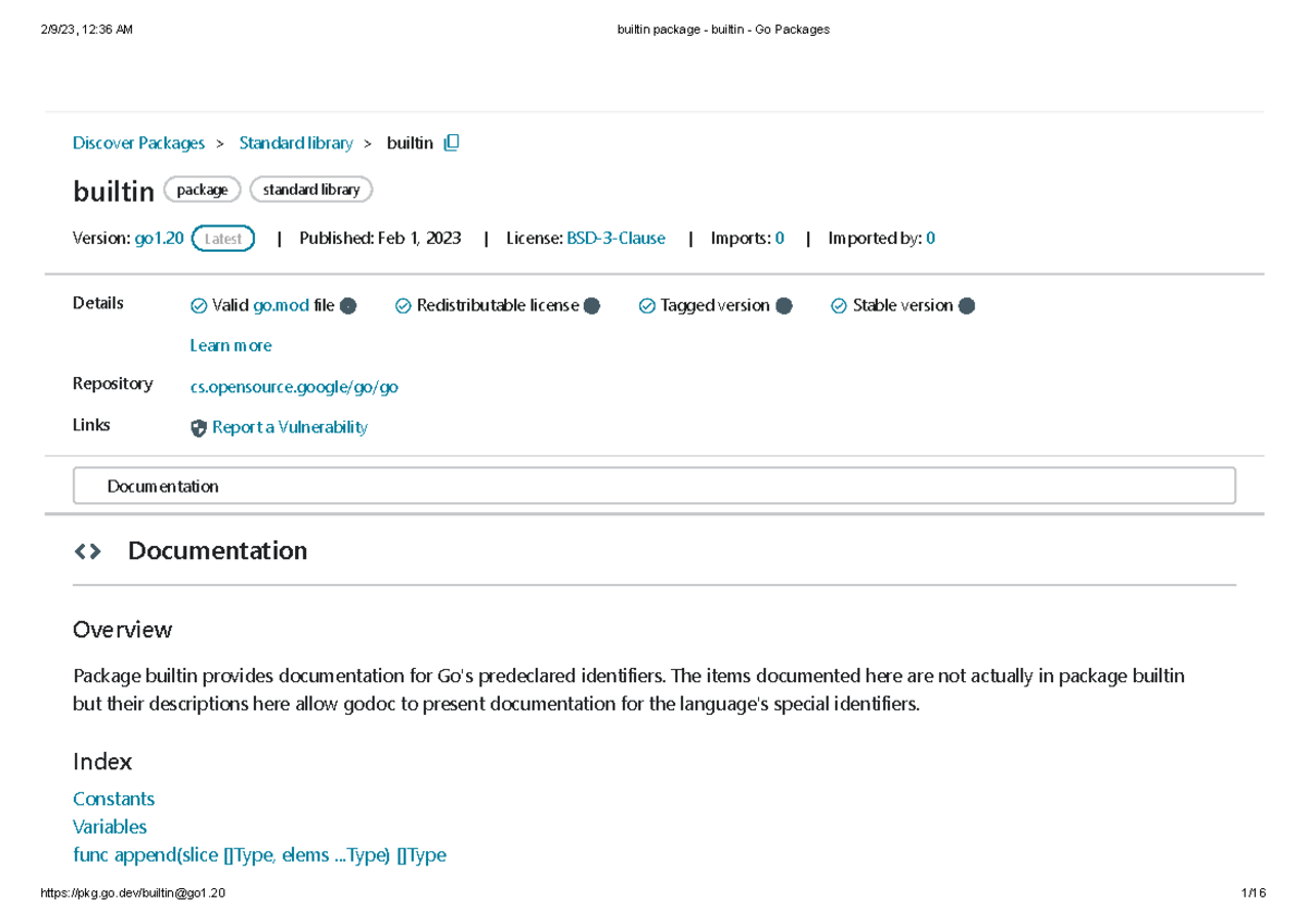 Builtin package - builtin - Go Packages - Details Learn more Repository ...