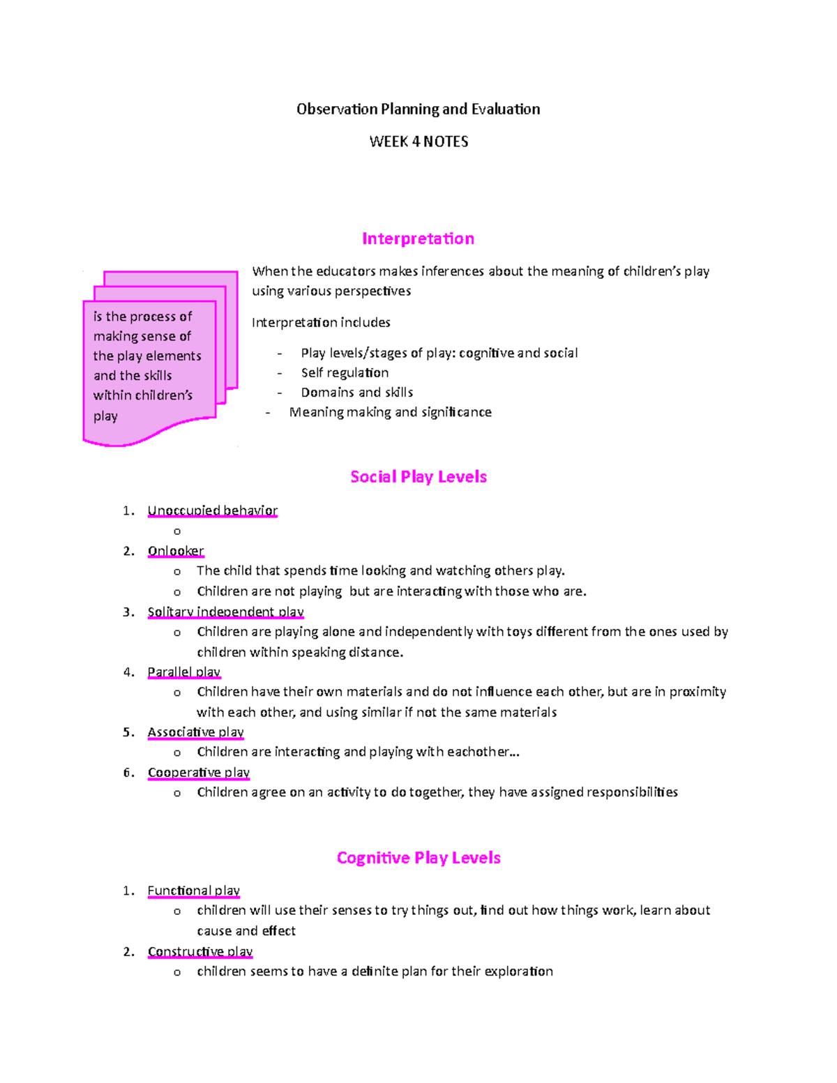 Week 4 notes - Observation Planning and Evaluation WEEK 4 NOTES ...