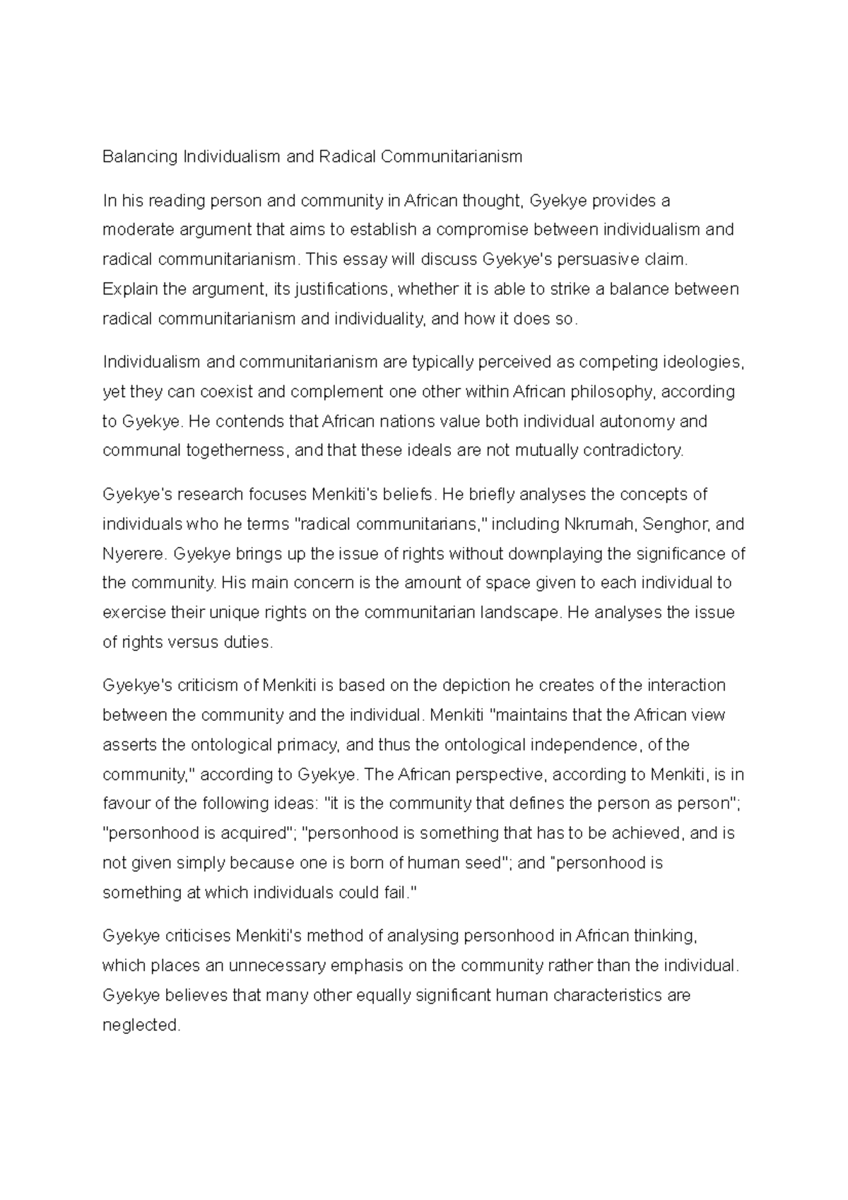 Gyekye - Balancing Individualism and Radical Communitarianism- person ...