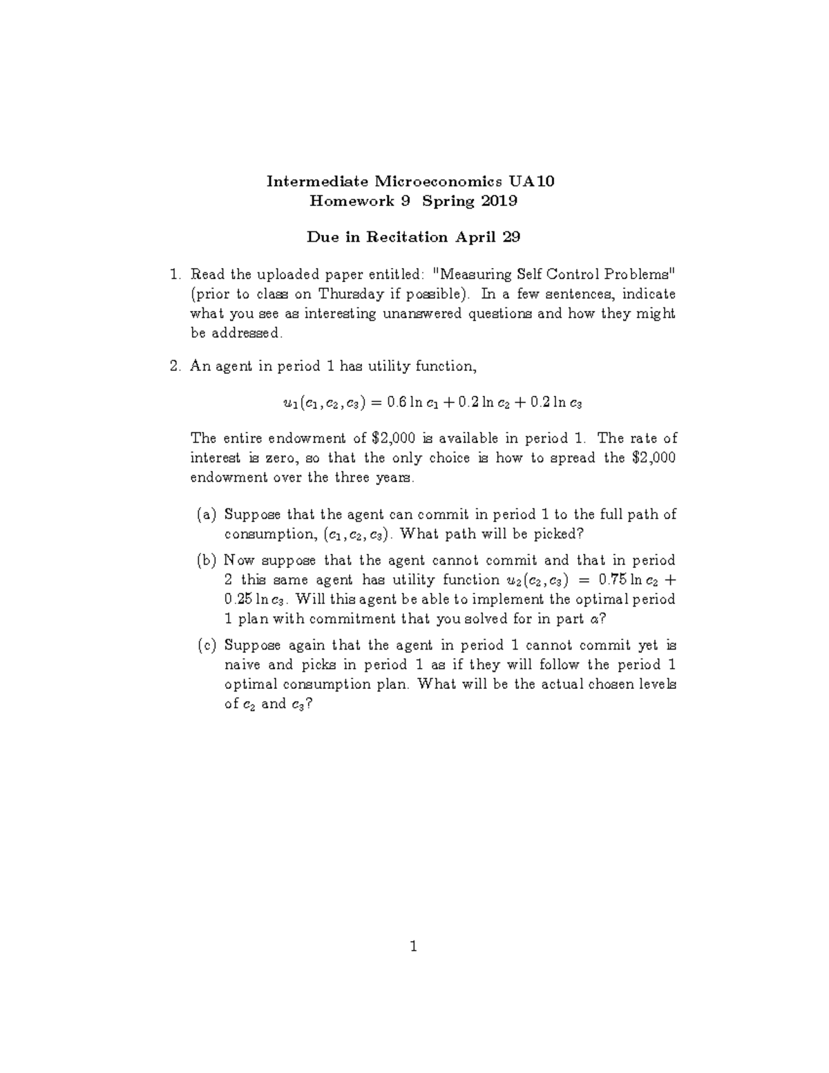Homework 9 19 - Professor: Andrew Caplin - Intermediate Microeconomics ...