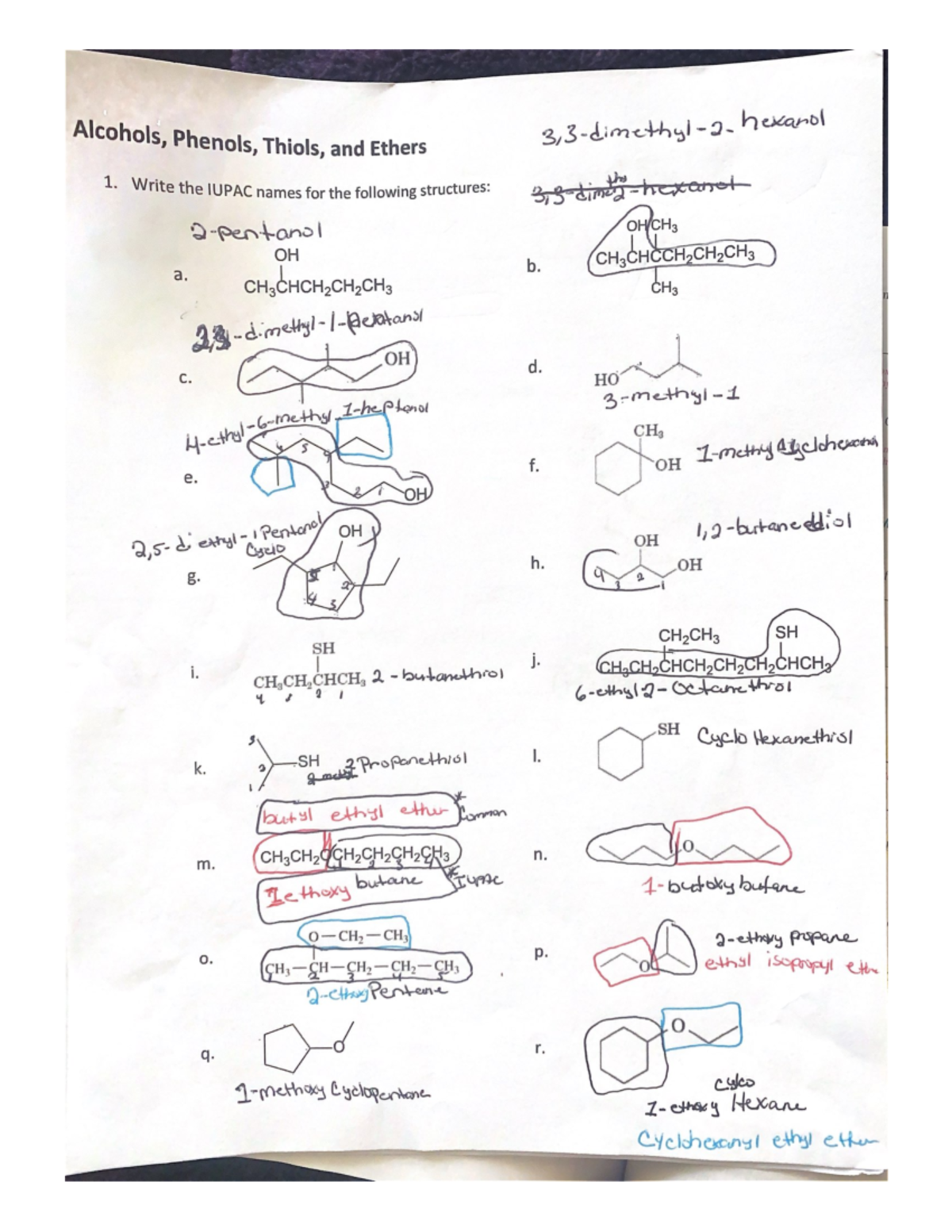 Alcohols, Phenols, Thiols, and Ethers - Write the IUPAC names for the following structures: 3,3 ...