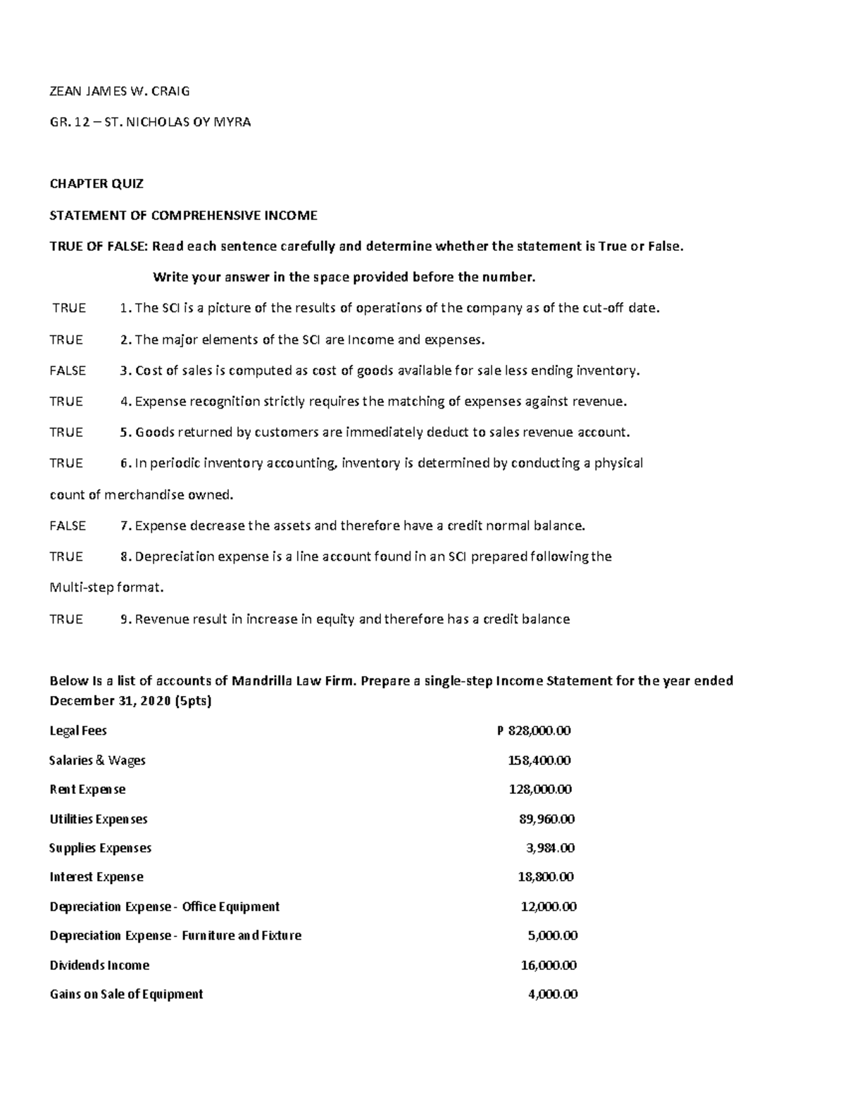 CHAPTER QUIZ STATEMENT OF COMPREHENSIVE INCOME - ZEAN JAMES W. CRAIG GR ...