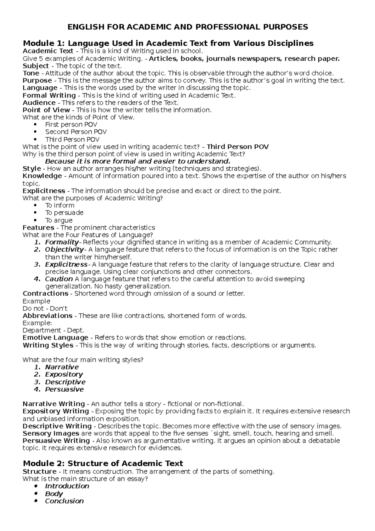 English FOR Academic AND Professional Purpose reviewer - ENGLISH FOR ...