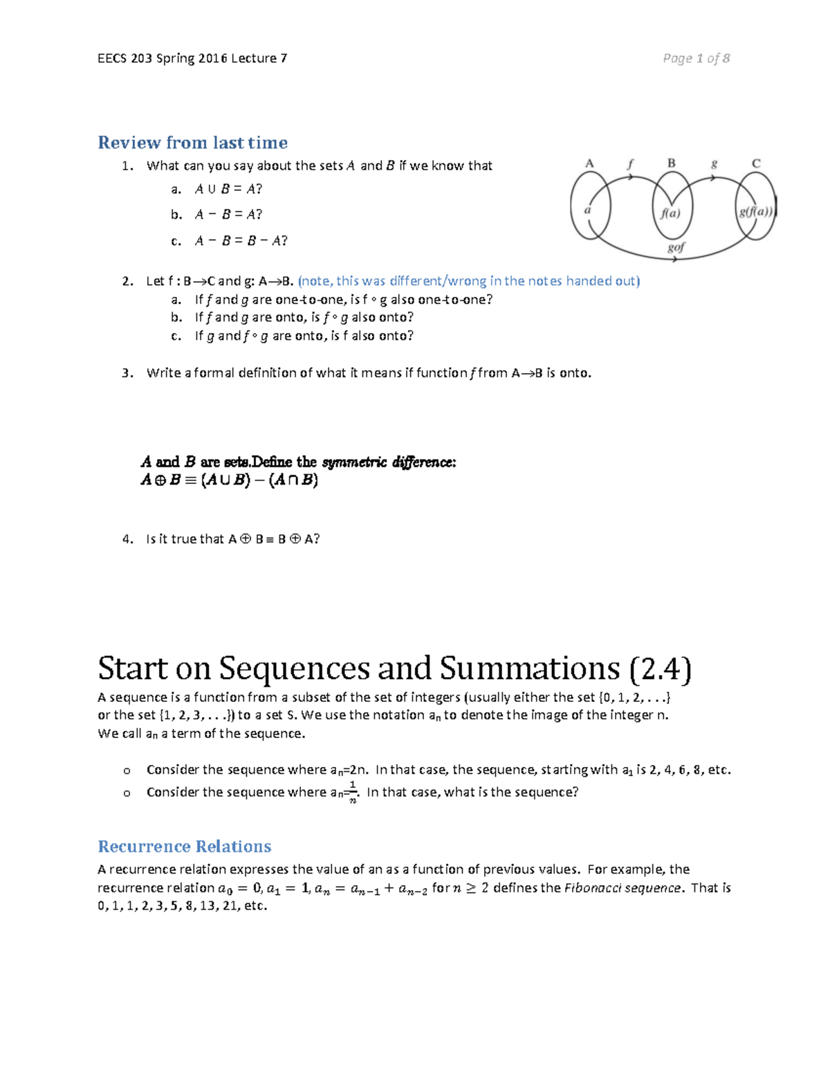 Sequences, cardinality of inf. sets - Review from last time What can ...