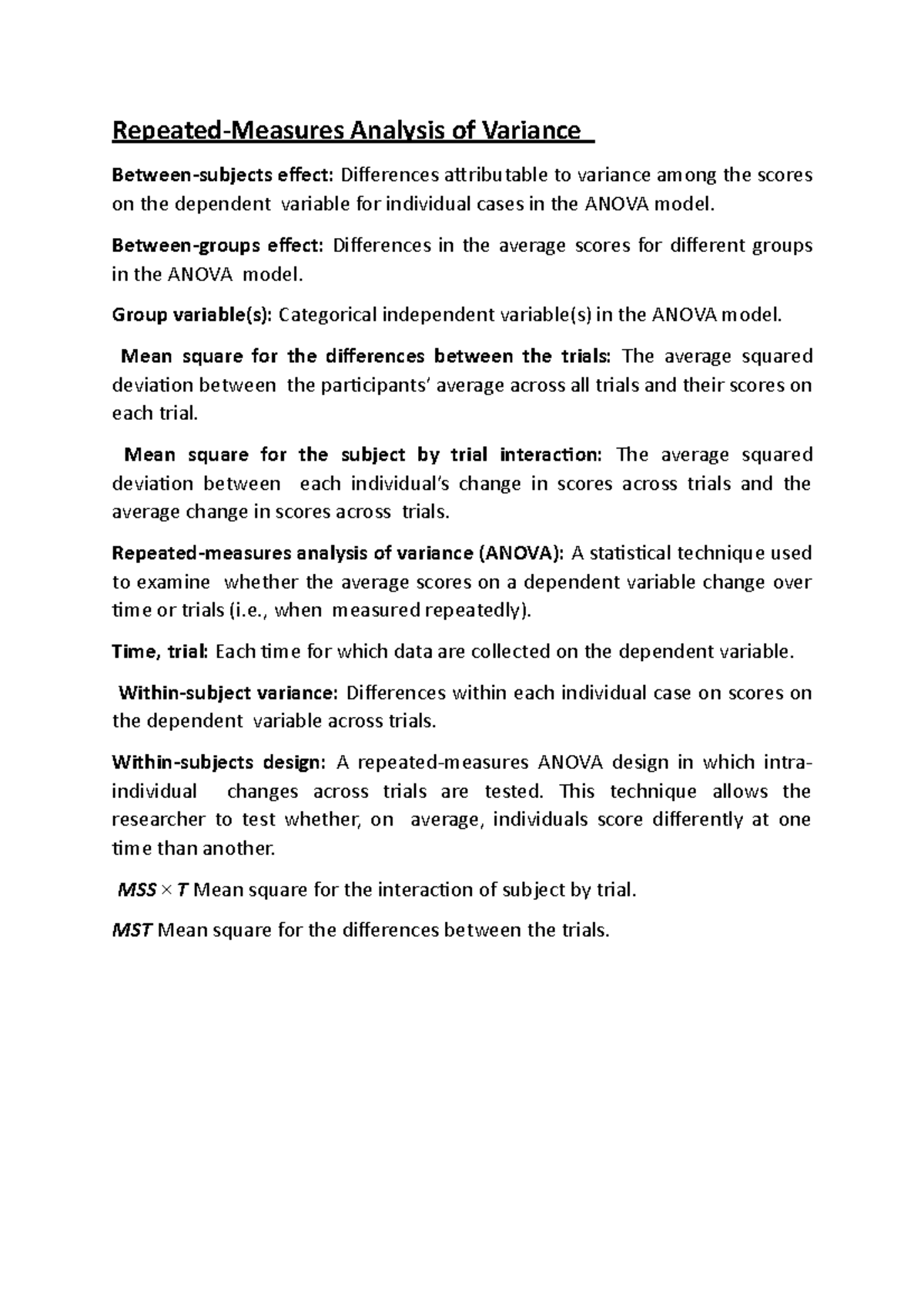 Repeated Measures Analysis Of Variance Repeated Measures Analysis Of Variance Between Subjects