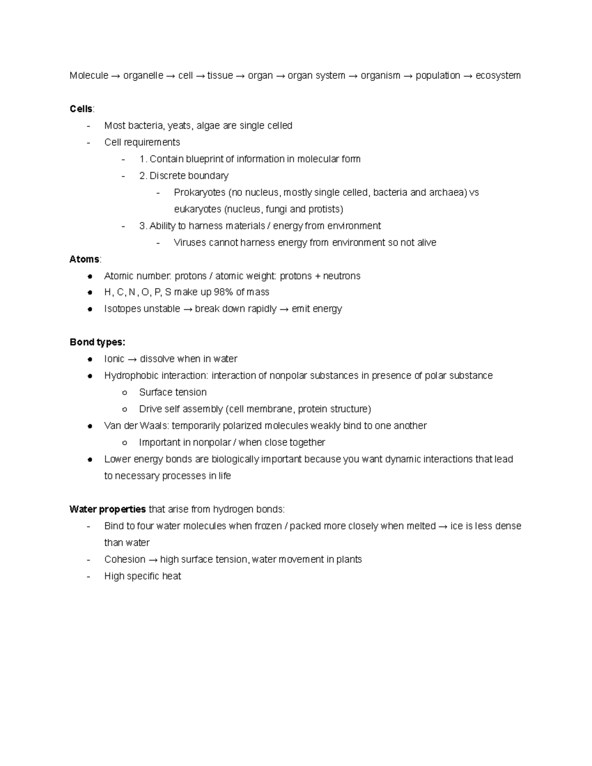 BIOL 101 Quarter 1 Notes - Molecule → organelle → cell → tissue → organ ...