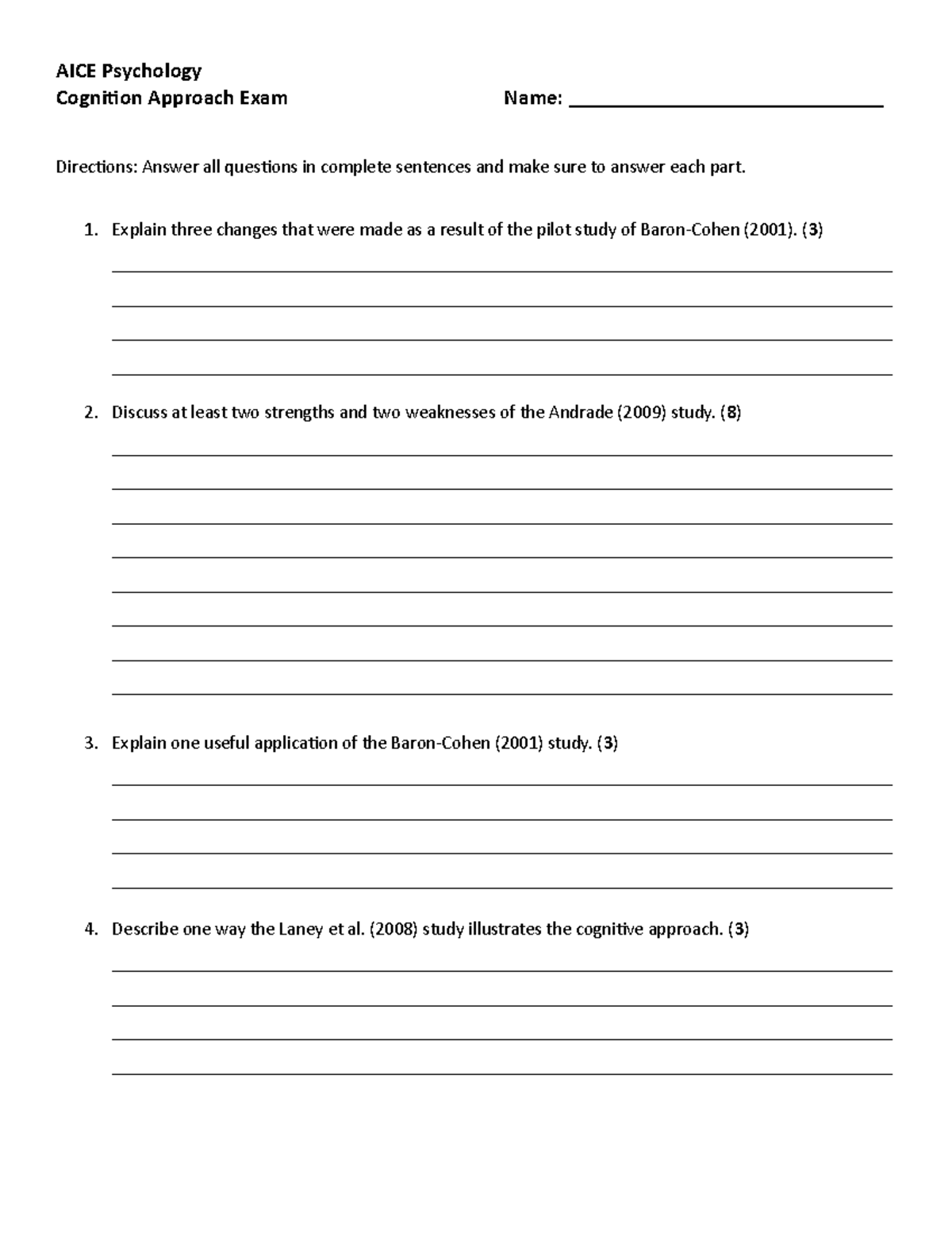 Cognitive Approach Exam - AICE Psychology Cognition Approach Exam Name ...