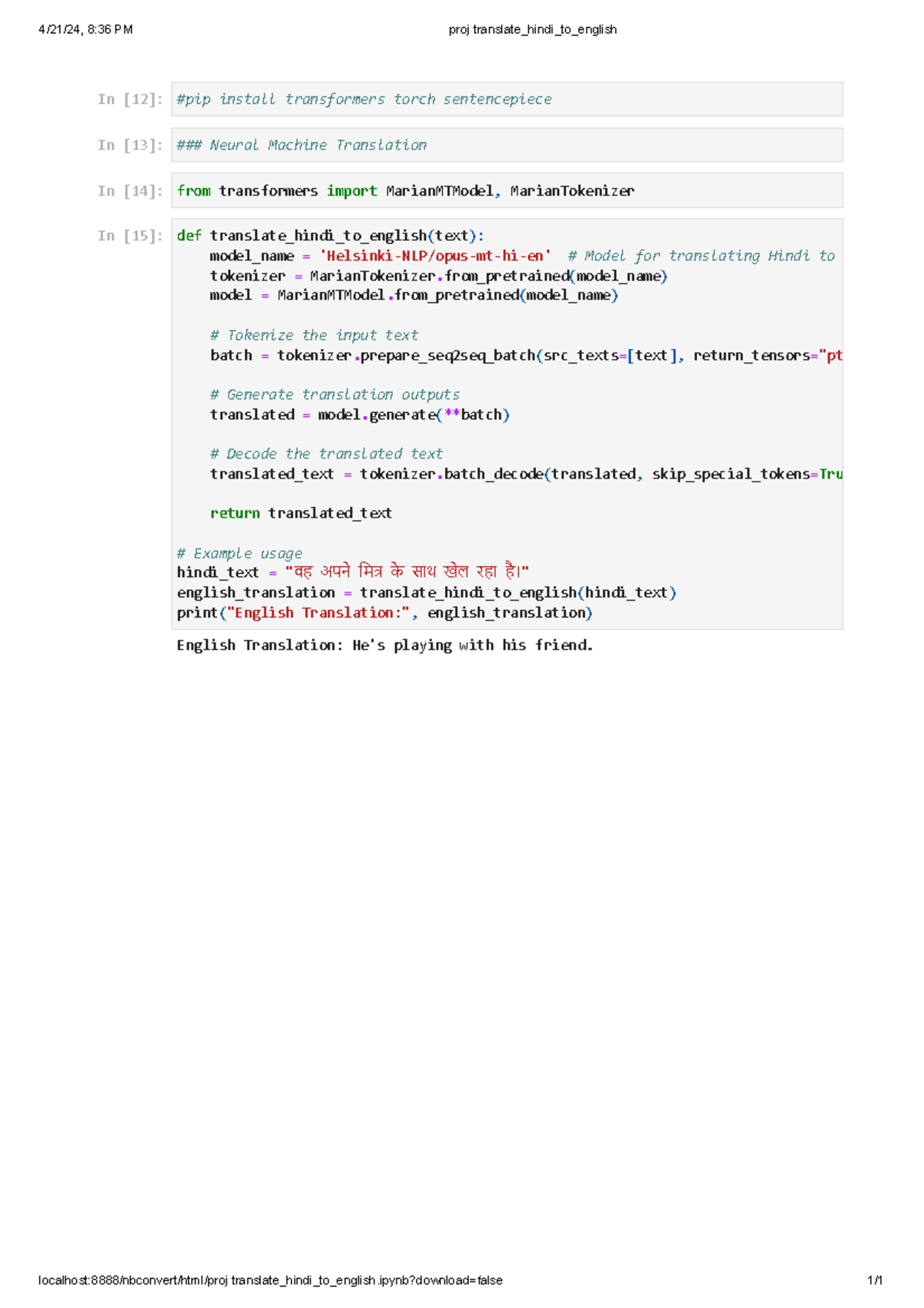 MINI Project NLP code - 4/21/24, 8:36 PM proj translate_hindi_to_english - Studocu