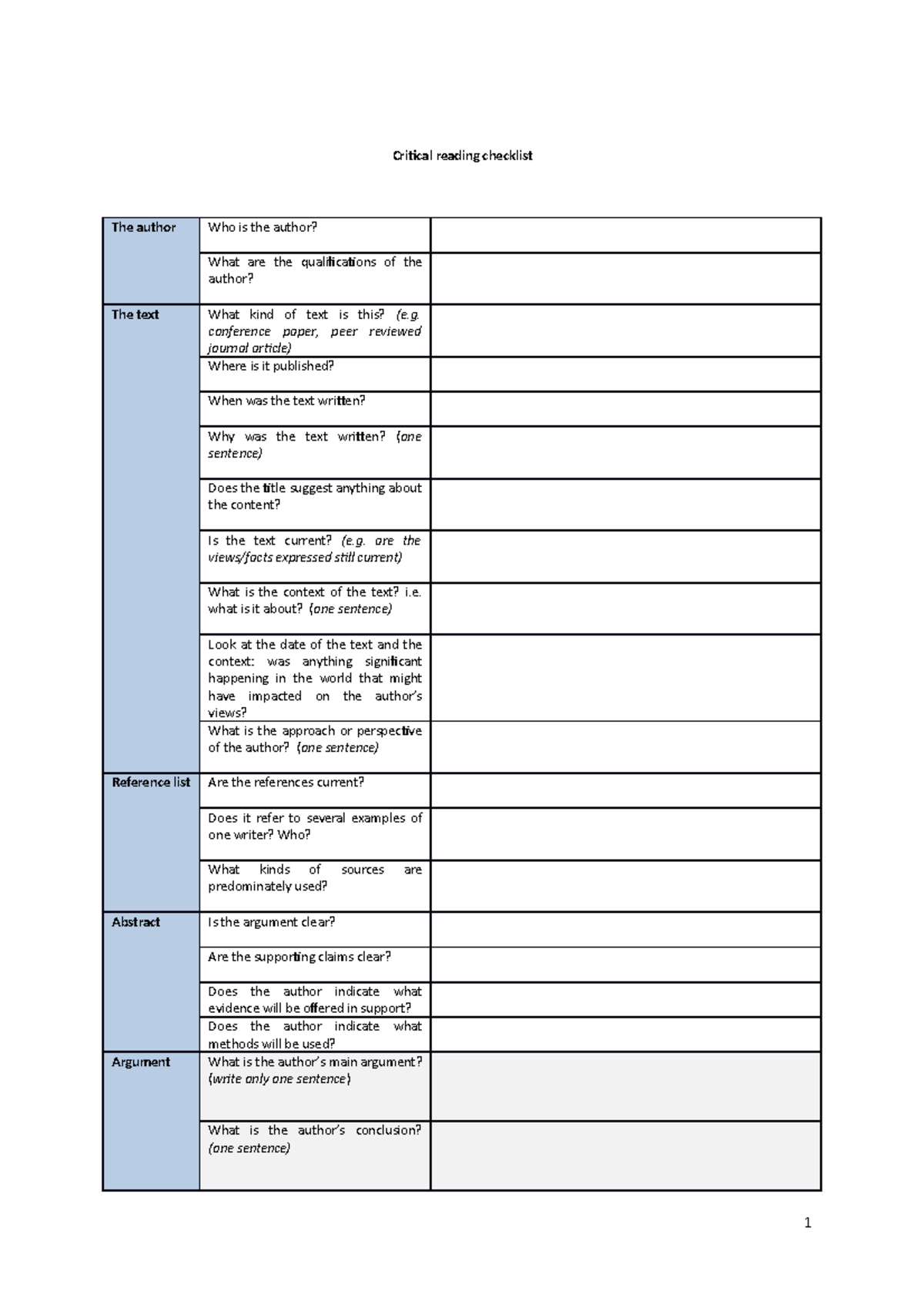 Critical Reading Checklist Template copy 10 - Critical reading ...