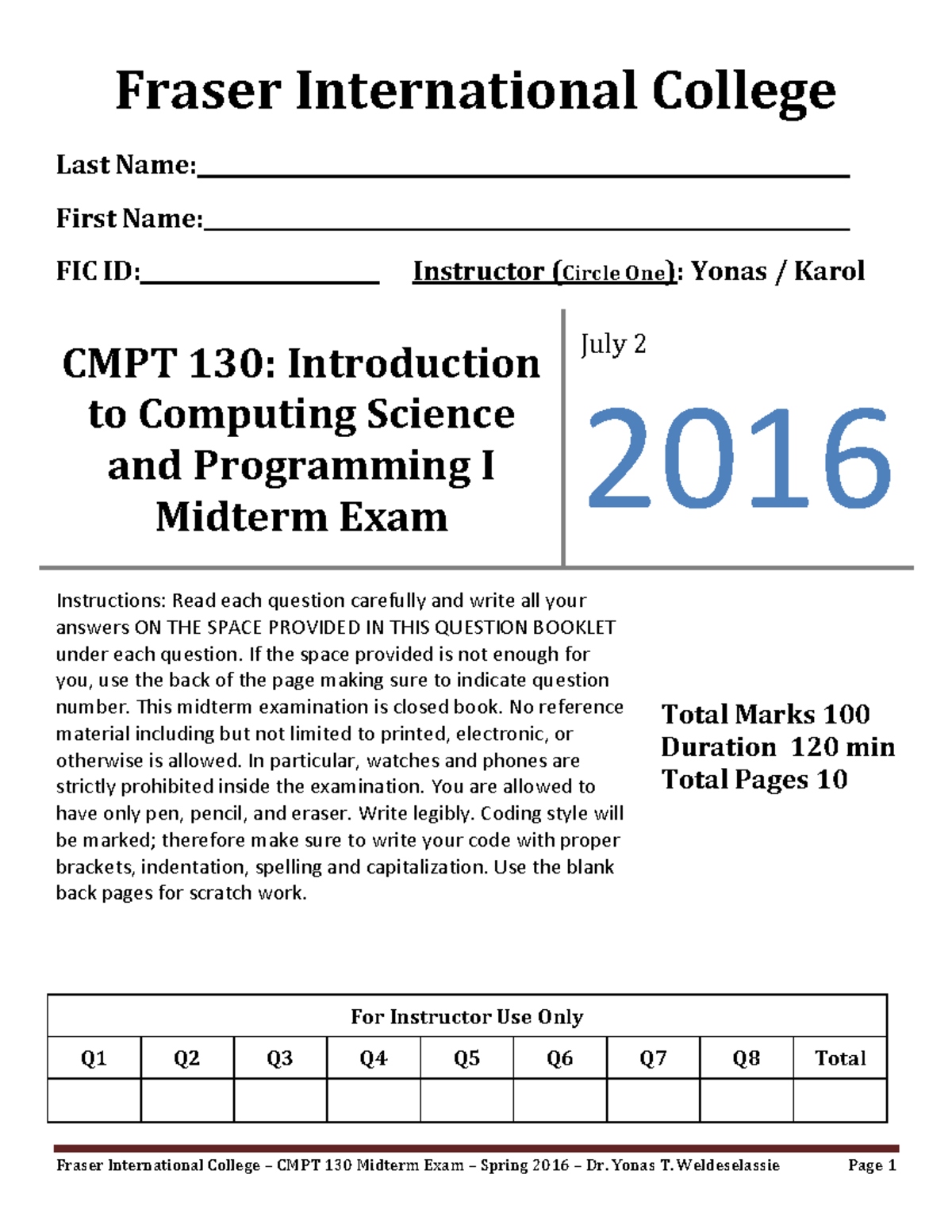 CMPT130 Sample Midterm 2 - Fraser International College – CMPT 130 ...