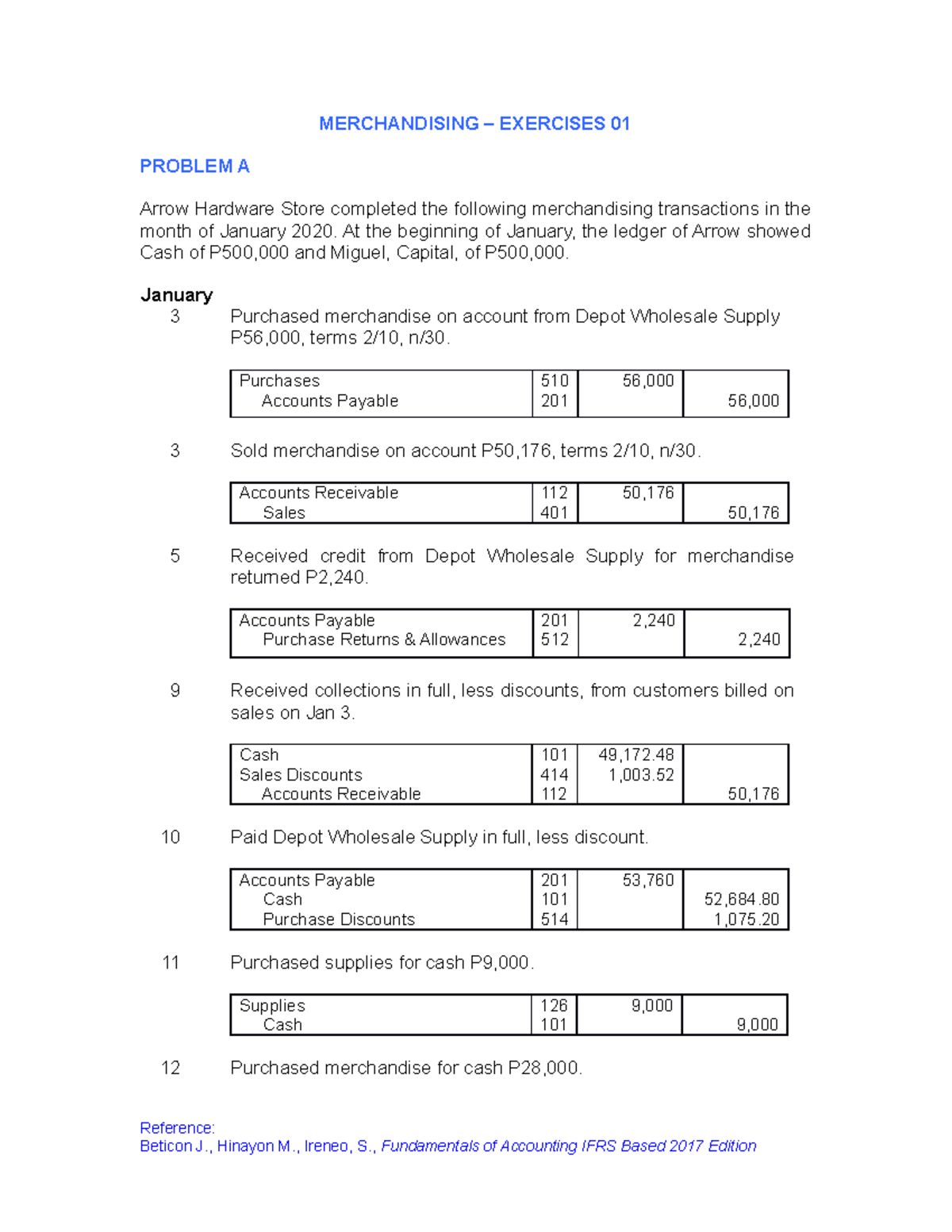 Merchandising 123 - MERCHANDISING – EXERCISES 01 PROBLEM A Arrow ...