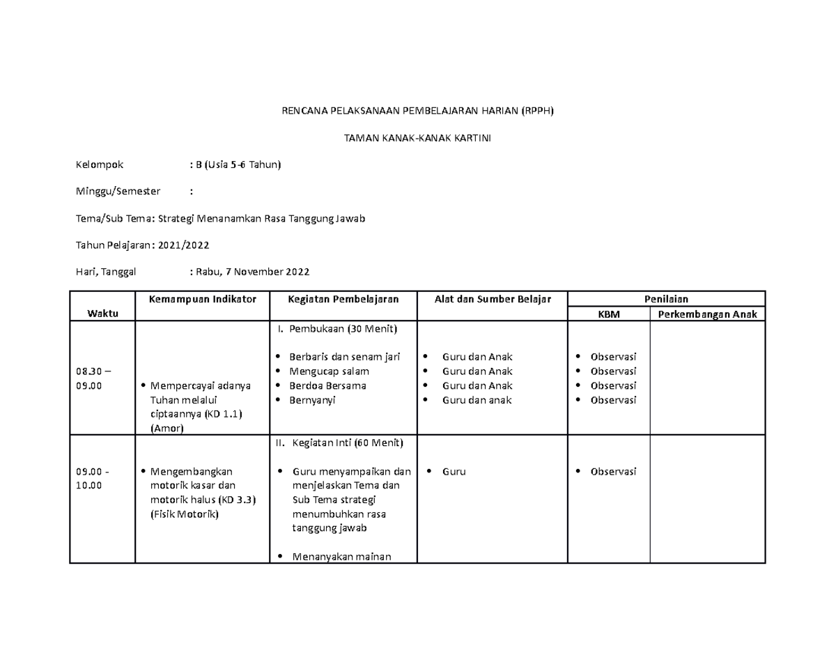 Contoh rpph ini - RENCANA PELAKSANAAN PEMBELAJARAN HARIAN (RPPH) TAMAN ...