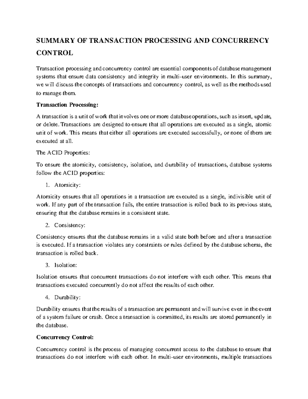 Summary of Transaction Processing and Concurrency Control - SUMMARY OF ...