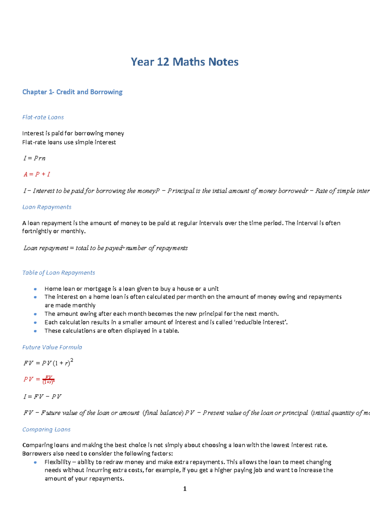 Summarised Maths Notes - Year 12 Maths Notes Chapter 1- Credit and ...