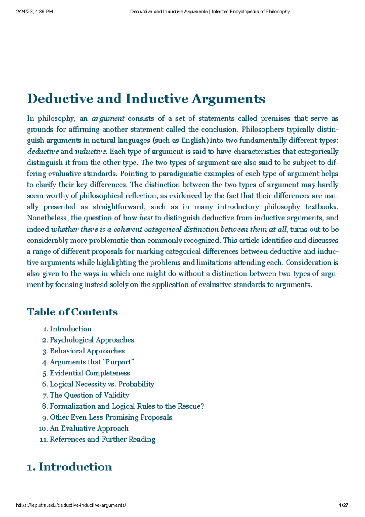3.7 Deductive and Inductive Arguments Internet Encyclopedia of Philosophy - Deductive and ...