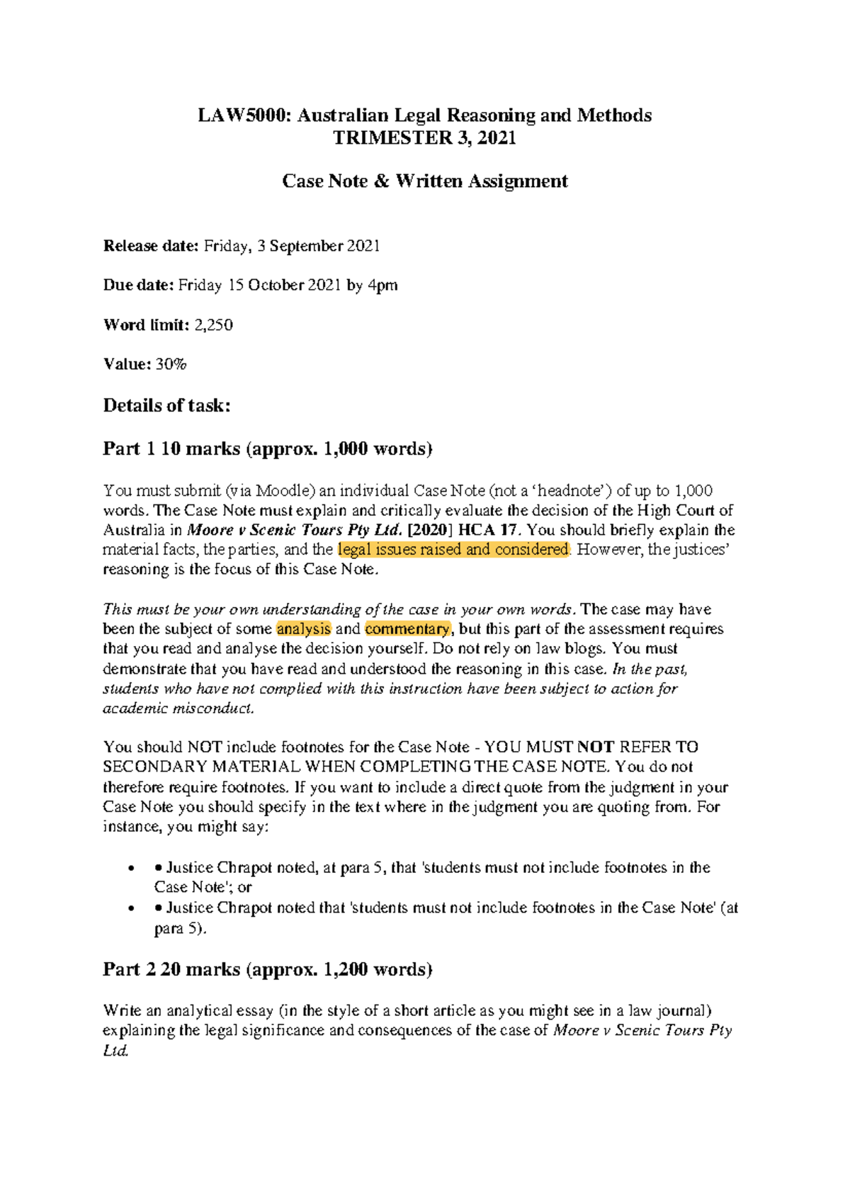 ALRM Written Assignment Case note Instructions T3 - LAW5000: Australian ...