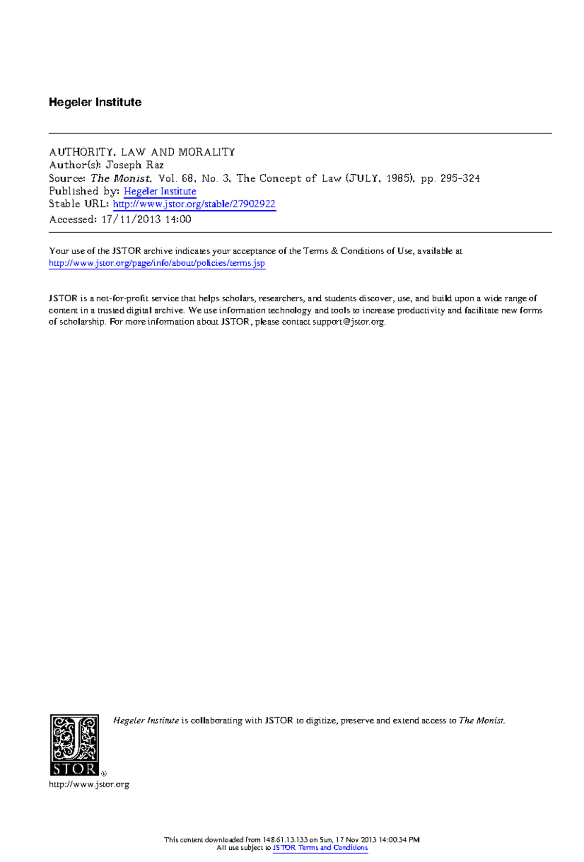 Authority, Law and Morality (Joseph Raz) - Hegeler Institute AUTHORITY ...