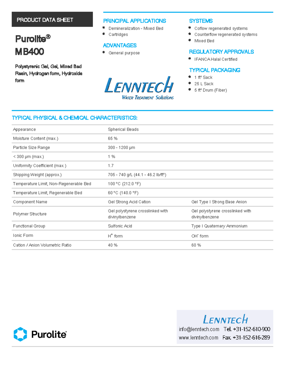 Purolite-MB400-L - especificaciones - TYPICAL PHYSICAL & CHEMICAL ...
