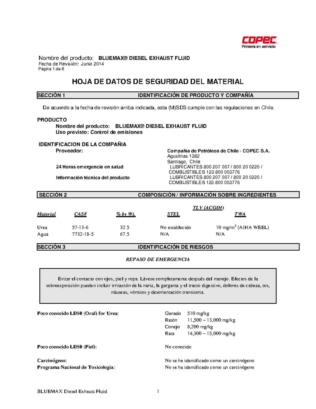 HDS - HDS MUY NECESARIA - Fecha de Revisión: Junio 2014 Página 1 de 8 ...