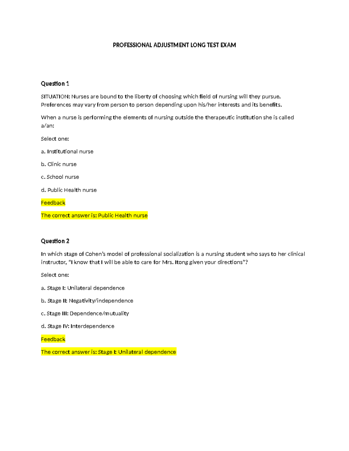 LONG TEST EXAM PROF AD - PROFESSIONAL ADJUSTMENT LONG TEST EXAM ...