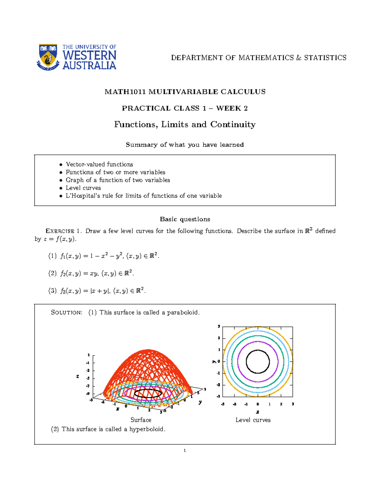 MATH1011 Practical 1 Week 2 solutions - DEPARTMENT OF MATHEMATICS & STATISTICS MATH1011 - Studocu