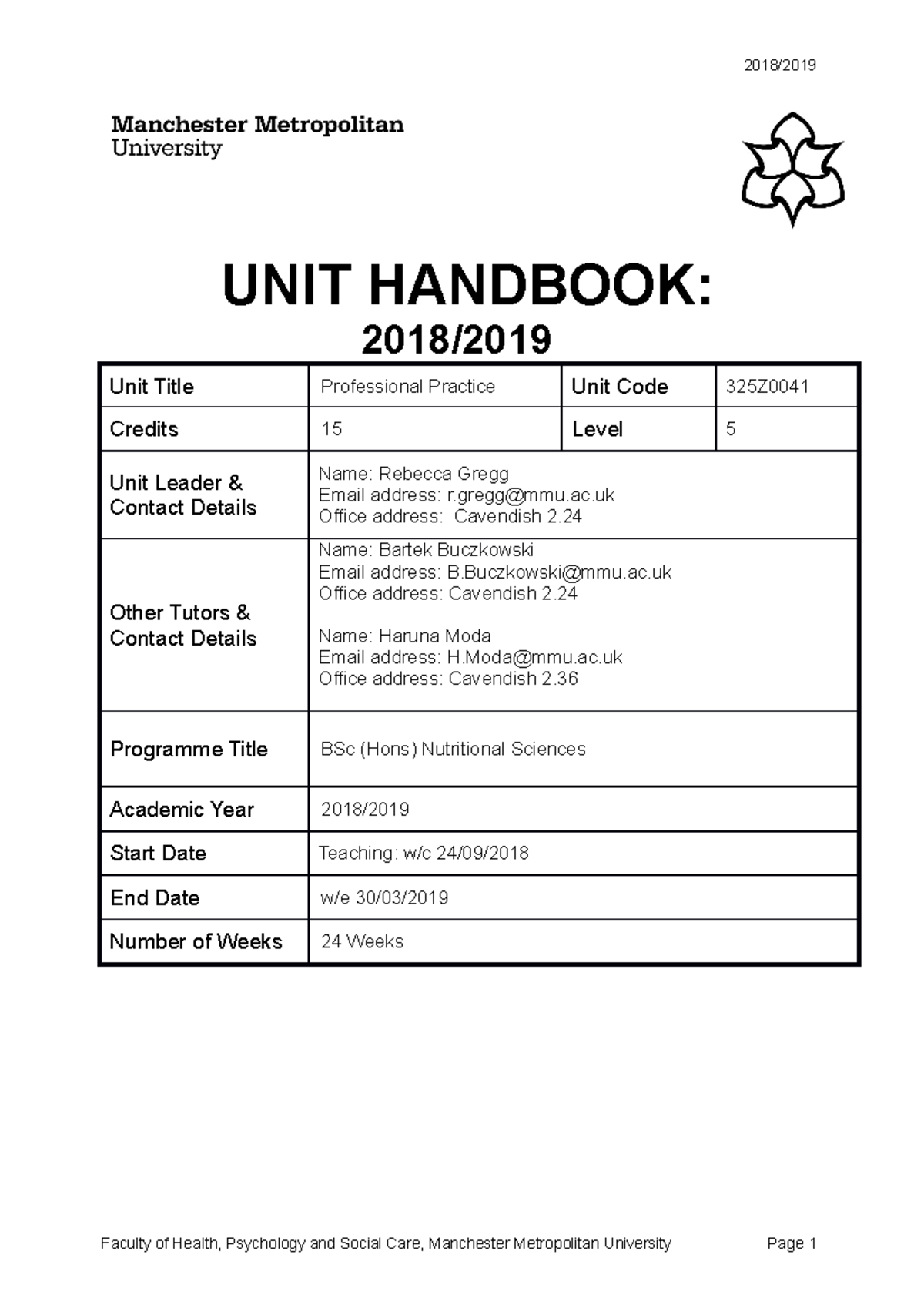 Unit handbook 2018-19 - UNIT HANDBOOK: 2018/ Unit Title Professional ...
