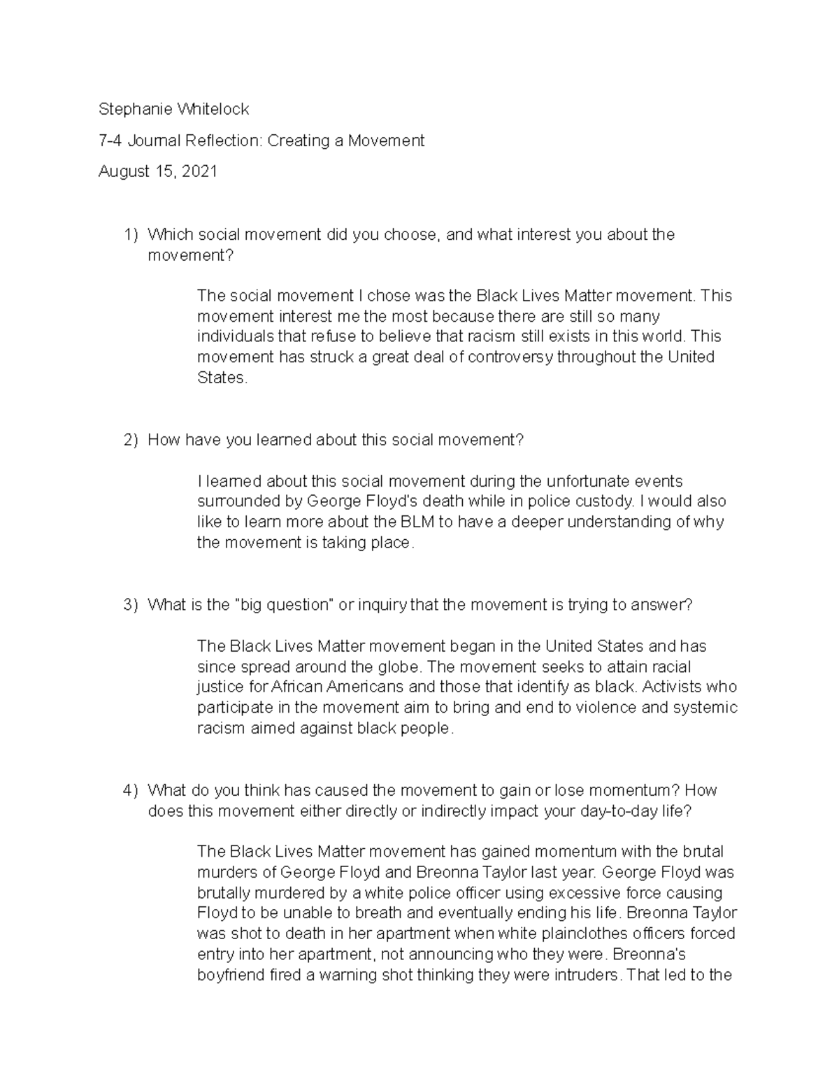 SCS 100 7-4 Journal Reflection Creating a Movement - Stephanie ...