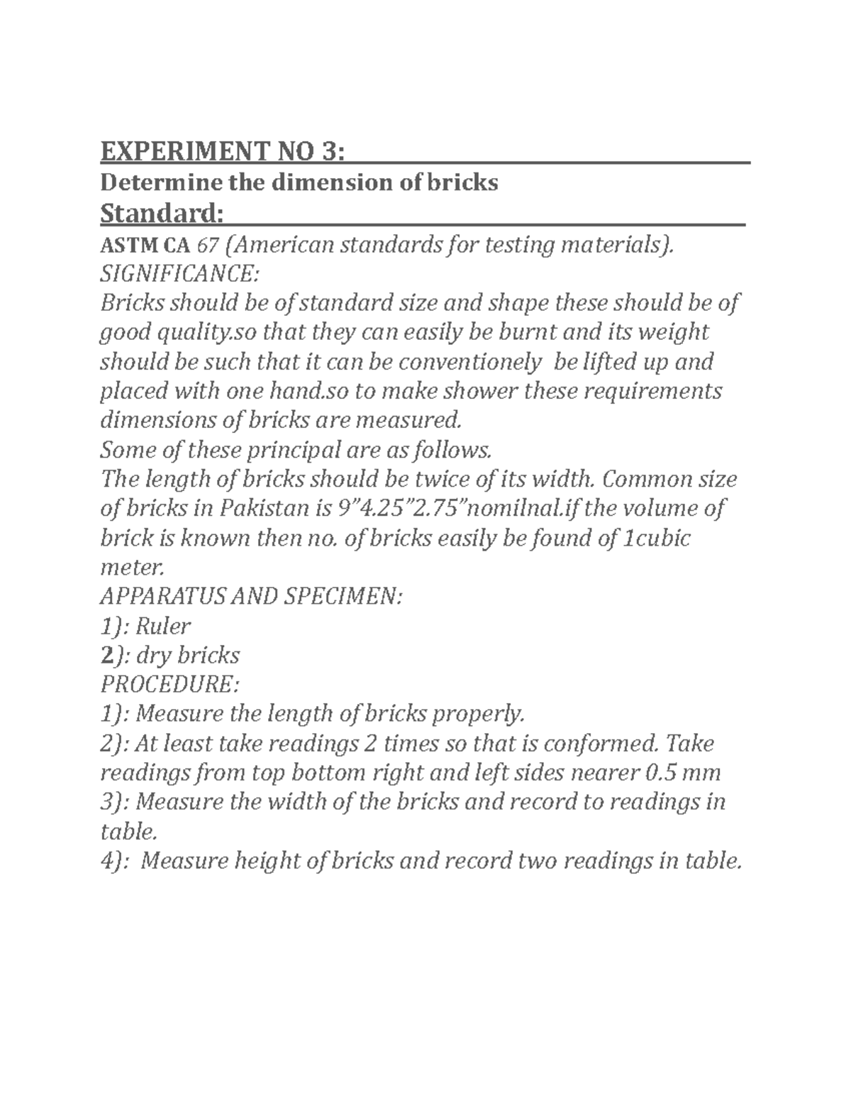 civil engineering - EXPERIMENT NO 3: Determine the dimension of bricks ...